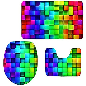 Yuaobeimei Colorful Tie Dye Shower Curtain Abstract Rainbow Cube Block Brick-Like Geometric 4 Pieces Bathroom Sets with Mat Rugs 3D Curtain Fabric Bath Decor
