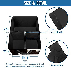 GACTIVITY Black And White Cowhide Car Trunk Organizer,Collapsible Cargo Storage Tote Bag,Non Slip,3 Divider Compartments, Automotive Interior Accessories for Auto SUV Truck Vehicle Picnic Camping