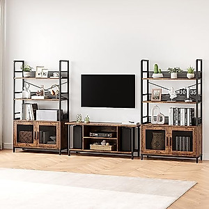 IDEALHOUSE Bookshelf with Doors Industrial Bookcase with 3 Tiers Open Storage Shelves Rustic Bookshelves Tall Display Rack Cabinet Farmhouse Bookshelf for Bedroom, Living Room, Home Office, Brown