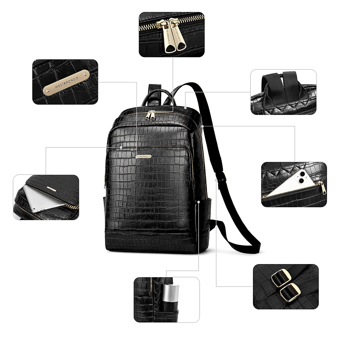 WESTBRONCO Leather Backpack Purse for Women 15.6 inch Laptop Backpack Crocodile Black