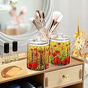 4 Pack Qtip Holder Dispenser Red Poppies and Yellow Flower Field Cotton Ball Cotton Swab Cotton Round Pads Floss Clear Bathroom Storage Containers Plastic Apothecary Jars with Lids