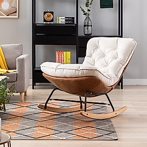 LZAREAL Rocking Boho Glider Chair for Nursery Comfy Accent Chairs for Living Room/Bedroom, Side Rocker Chair with Back Tufted Design Upholstered Fabric Padded Seat with Solid Wood Base, Linen-Cream