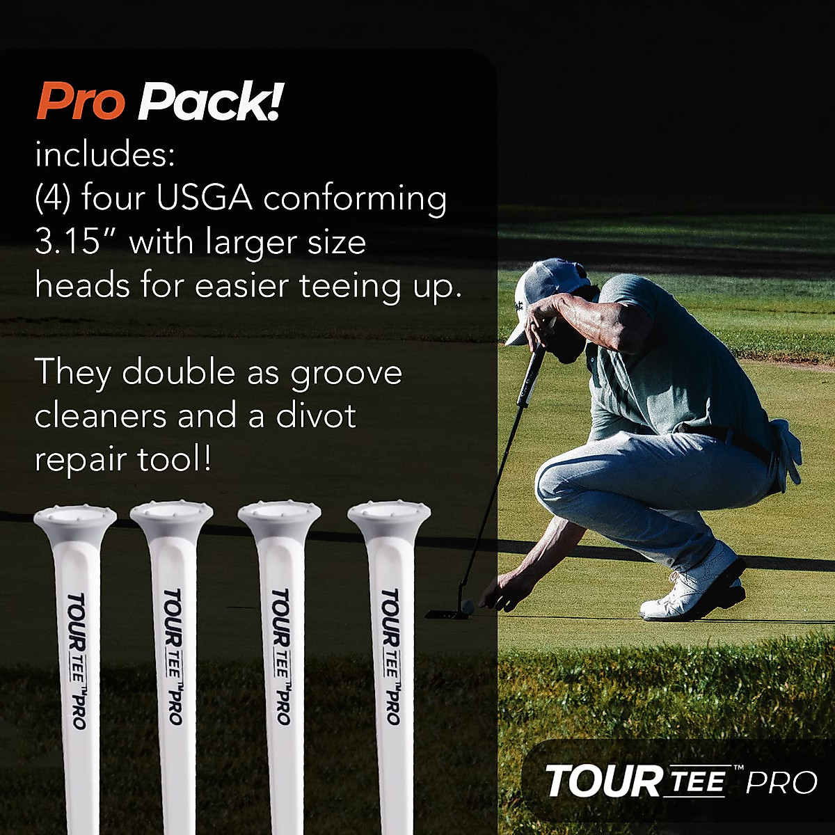 CMC Design Tour Tee Pro Pack - Frictionless Golf Tees for More Distance & Consistent Yards - Reusable, Made with Recycled Plastic & Virtually Unbreakable - Four 3.15” Golf Tees with Standard Cup