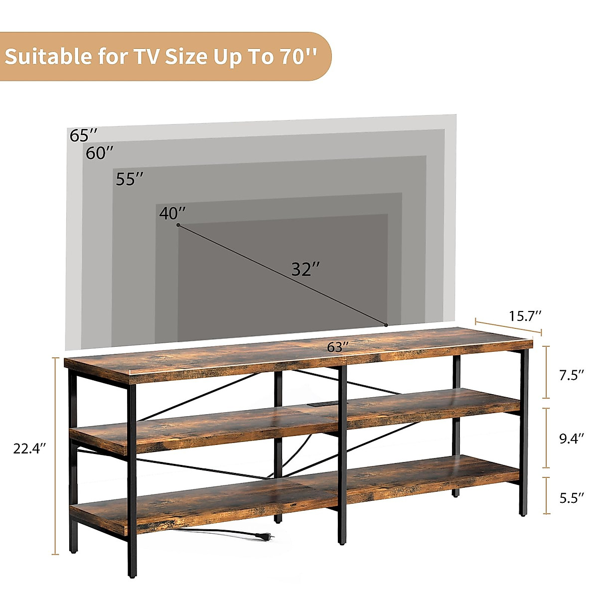VOWNER TV Stand with Power Outlets up to 70 Inches, 63'' Entertainment Center for Living Room, TV Console Table with Open Storage Shelves, Rustic Brown