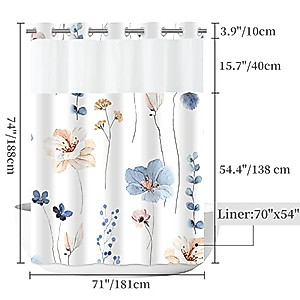 WITHLOC No Hook Shower Curtain with Snap in Liner - Watercolor Floral Shower Curtain - Fabric Waterproof Inner Liner, Plants Blue Beige Flowers White Cloth Shower Curtains Washable, 71 x 74 Inch