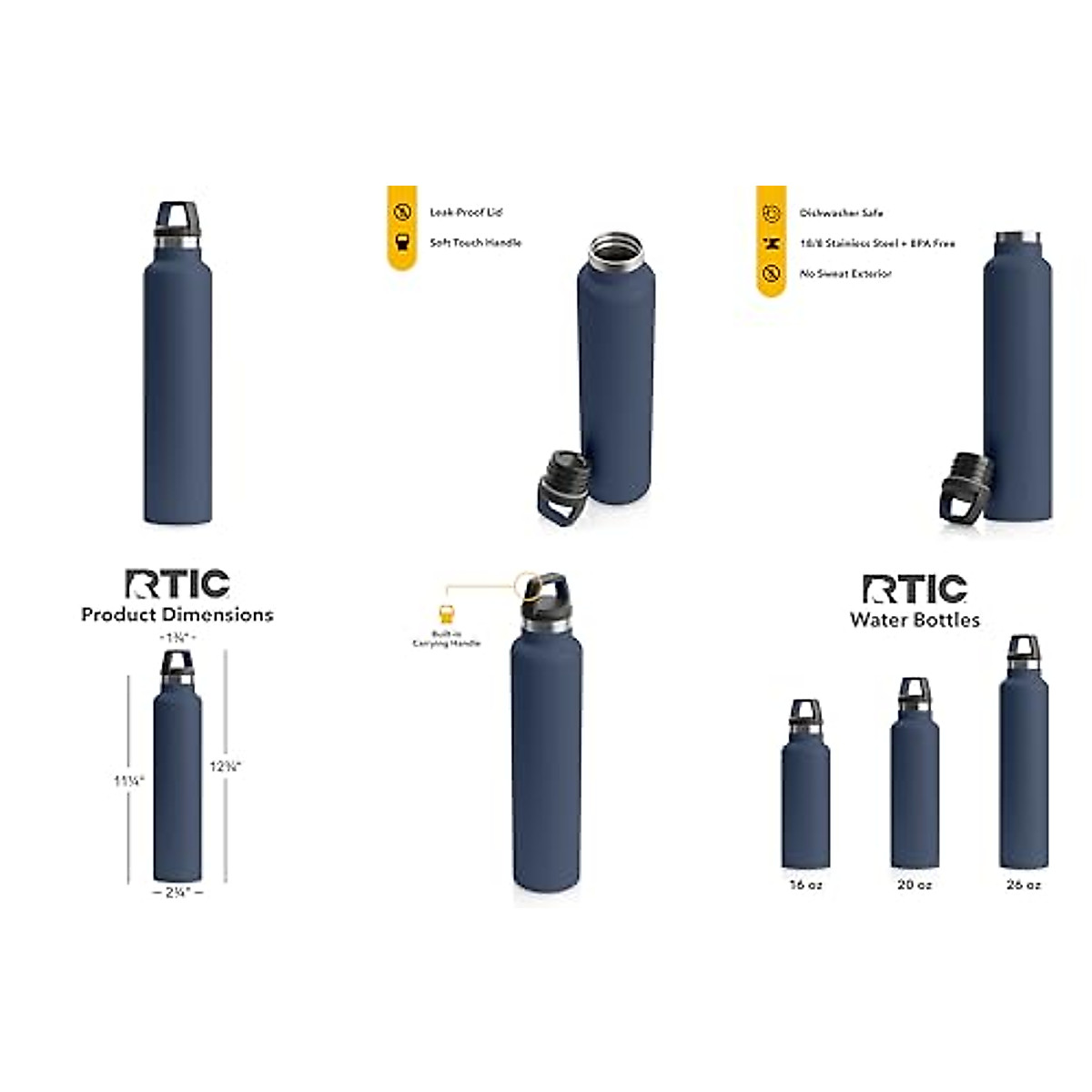 RTIC 26 oz Vacuum Insulated Water Bottle, Stainless Steel Metal, Double Wall, BPA Free, for Hot and Cold Drinks, Navy