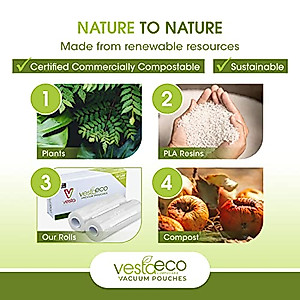 VestaEco Commercially Compostable Vacuum Seal Rolls | Embossed | 8 Inches x 20 Feet (2 Vacuum Seal Rolls) | 11 Inches x 16 Feet (3 Vacuum Sealer Rolls)