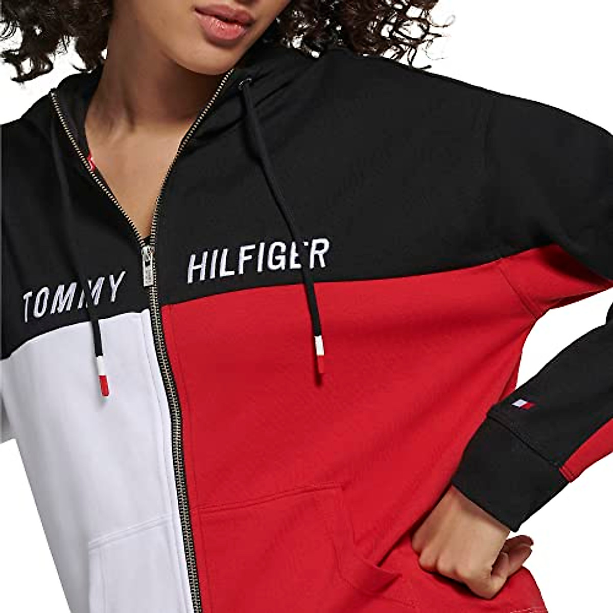 Tommy Hilfiger Womens Soft & Comfortable Fleece Colorblocked Full Zip Hoodie Pullover, Black, Medium US