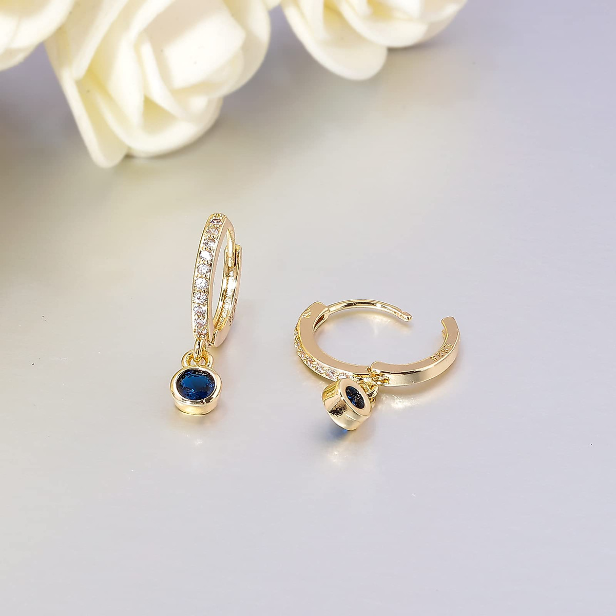 CiNily Small Dangle Hoop Earrings for Women, 14K White Gold Mini Huggie Hoop Earrings Hypoallergenic Cute Blue Cubic Zirconia Hoops Dainty Diamond Drop Earrings Jewelry