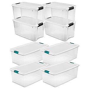 Sterilite Storage System Solution with 106 Quart Clear Latching Storage Tote, 4 Pack and 66 Quart Plastic Stackable Storage Tote, 6 Pack