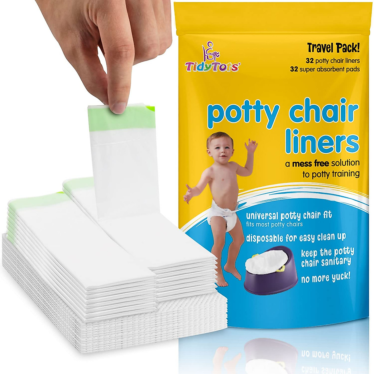 TidyTots Disposable Potty Chair Liners and Pads for Potty Training Toddlers | XL Combo Travel Refill Pack of 32 Disposable Potty Liners for Toddlers and 32 Absorbent Pads | Keeps Potty Seat Clean