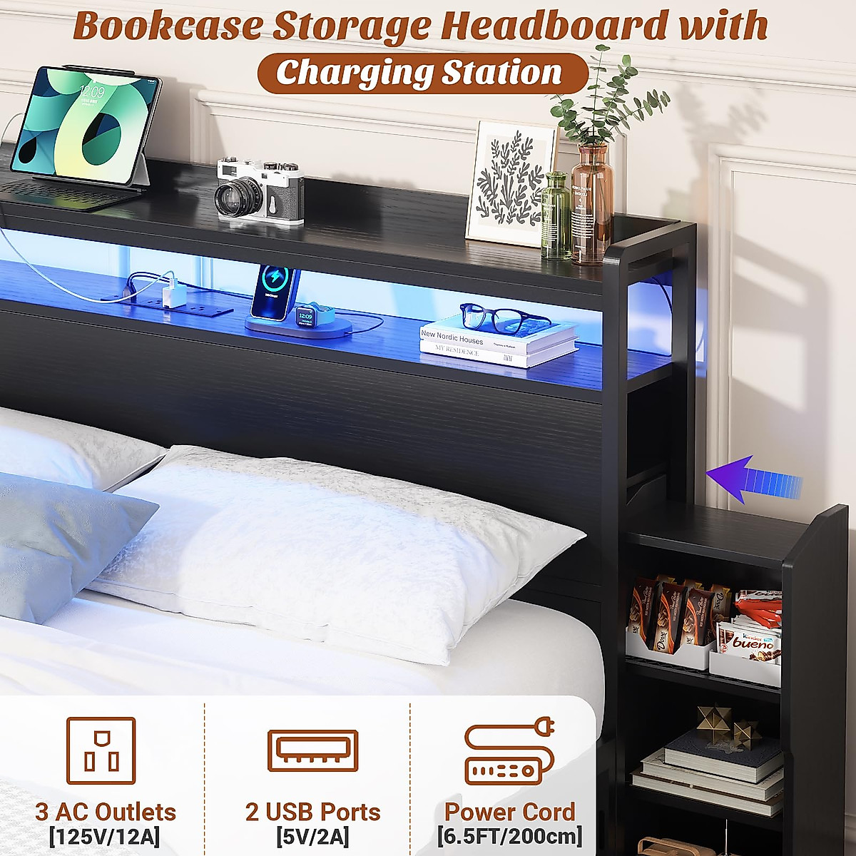 Unikito Queen Bed Frame with Bookcase Storage Headboard and LED Light, Queen Size Bed with Slide Bedside Cabinet and Charging Station, Heavy Duty Metal Slat, No Box Spring Needed, Noise Free, Black