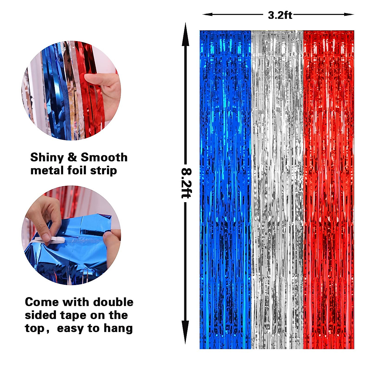 PIGETALE, 2 Pack 3.2 x 8.2 ft Red White and Blue Foil Fringe Backdrop Curtain, Streamer Backdrop Tinsel Curtains Photo Booth Props for Graduation Birthday Memo