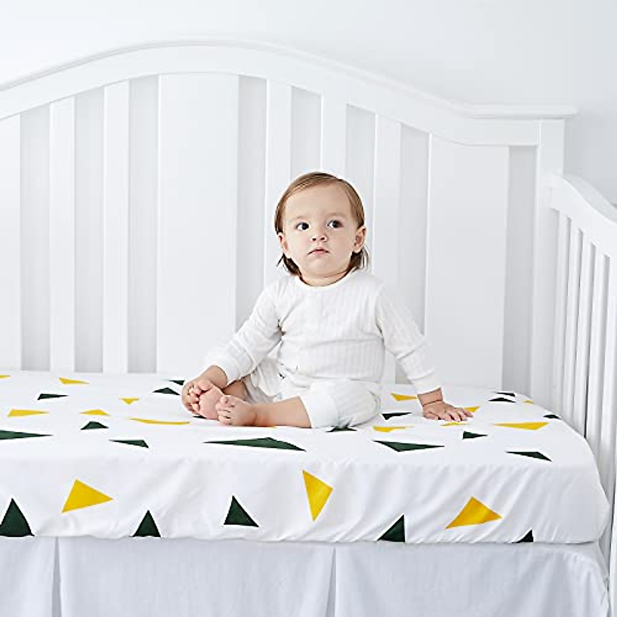 DuoMiaoMiao Baby Crib Sheets, Soft Fitted Sheets for Standard Crib, Breathable Microfiber Playard Mattress Sheet for Toddler Mattresses, 28 x 52 Inches Crib Sheet, White Triangle