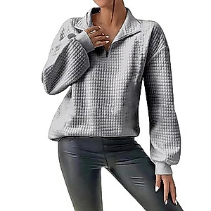 iHPH7 Women's Cropped Sweatshirt Long Sleeve Quarter Zip Hoodie Pullover Y2K Waffle Plaid Sweater Fall Trendy Outfits Clothes Grey