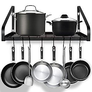 G-TING Hanging Pot Rack, Pot and Pan Organizer Wall Mounted Pots Holder Kitchen Storage Shelf with 8 Hooks, Ideal for Pans Set, Utensils, Cookware, Books, Household, Black, 2 DIY Methods