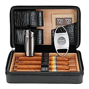 CiTree Cigar Case, Cedar Wood Travel Portable Leather Cigar Humidor with Cigar Lighter and Cutter, Black Crocodile Pattern