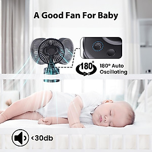 Portable Clip on Fan, 10000mAh Powerful 180° Oscillating Stroller Accessories, 4 Speeds ,Small Desk Fan, Personal Cooling Fan, Rechargeable Table Fan with Battery Operated, for Home Office Outdoor