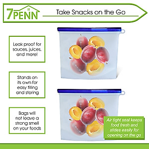 7Penn Silicone Food Storage Bag, 1000mL - 2pk Washable 8 x 6.25in Blue Reusable Food Bags for Sandwiches and Snacks