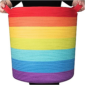 MINTWOOD Design Extra Large 20 x 18 Inches Decorative Woven Cotton Rope Basket, Tall Laundry Basket Hamper, Blanket Basket for Living Room, Round Storage Baskets for Pillows, Towels, Rainbow