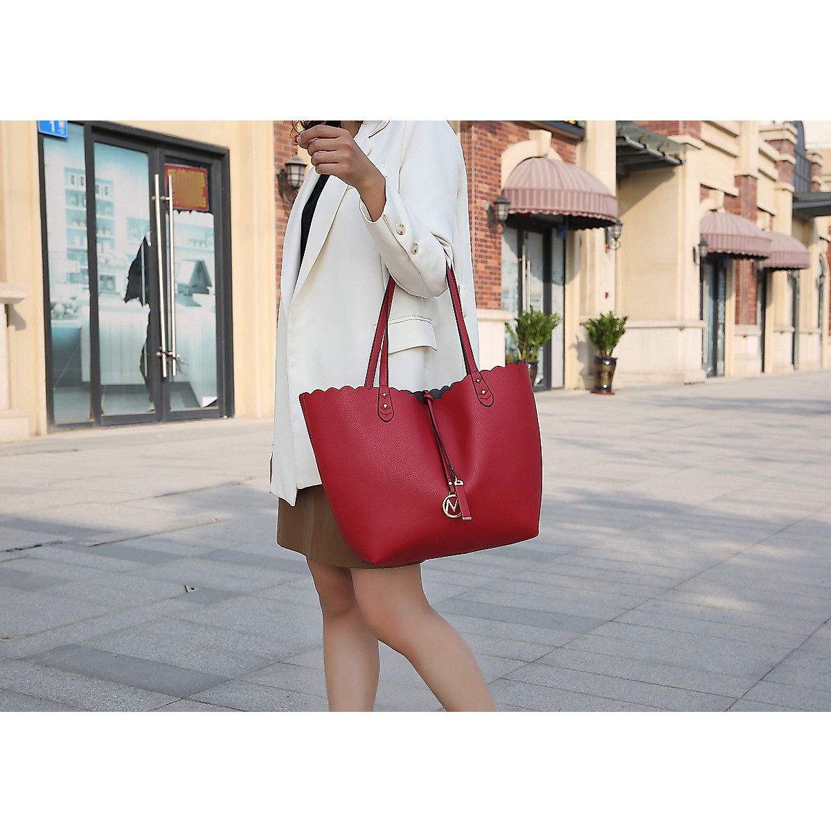 MKF Collection Tote & Pouch Bag for Women-Vegan Leather Designer Handbag -Shoulder Strap Messenger Purse 2Pcs set White Yellow