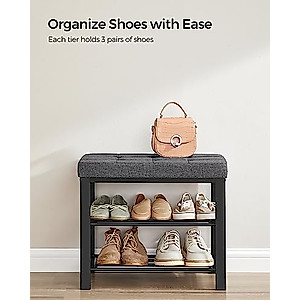 SONGMICS Shoe Bench, 3-Tier Shoe Rack for Entryway, Storage Organizer with Foam Padded Seat, Linen, Metal Frame, for Living Room, Hallway, 12.2 x 23.6 x 19.3 Inches, Dark Gray and Black ULBS576B33