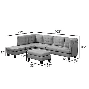 Casa Andrea Milano Modern Sectional Sofa L Shaped Couch with Reversible Chaise & Ottoman, Large Living Room Furniture, Grey