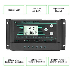 Z10/ Z20/ Z30 Solar Controller, Solar Panel Regulator Dual USB Solar Battery Regulator Solar Regulator PWM, 30A 12V/24V for Lamp(z10)