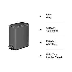 H+LUX Small Trash Can with Soft Close Lid,Garbage Can with Removable Inner Wastebasket, Rectangular Trash Can for Bathroom Bedroom Office, Anti-Fingerprint Matt Finish, 5L/1.3Gal, Light Gray