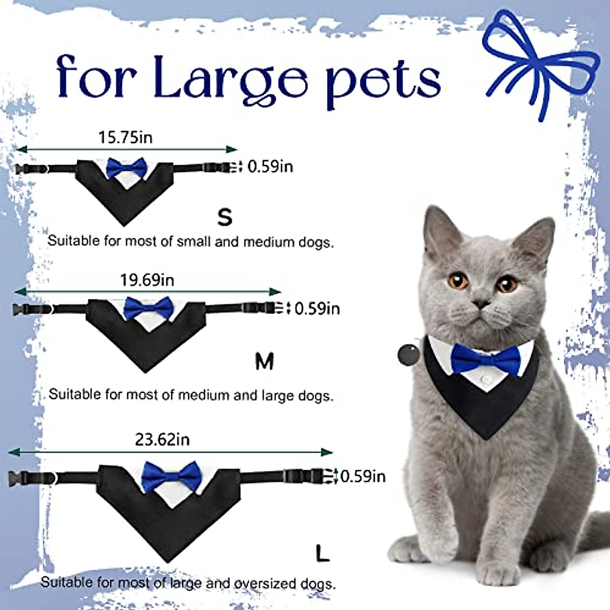URROMA 1 Pack Blue Bow Formal Dog Tuxedo Bandana, Adjustable Blue Dog Wedding Collar Pet Costume Neckerchief for Small Dogs and Cats, L