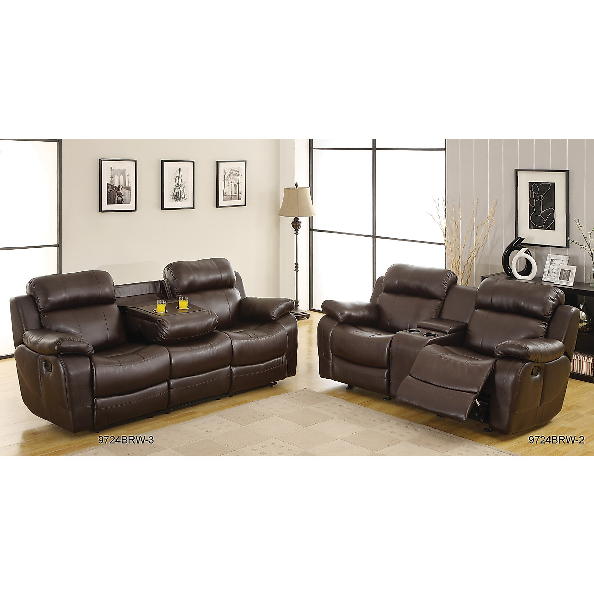 Homelegance Marille Reclining Sofa w/ Center Console Cup Holder, Brown Bonded Leather
