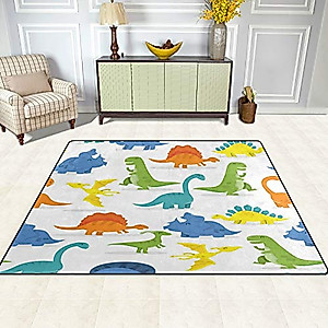 ALAZA Lovely Yellow Blue Animal Dinosaur Non Slip Area Rug 4' x 5' for Living Dinning Room Bedroom Kitchen Hallway Office Modern Home Decorative