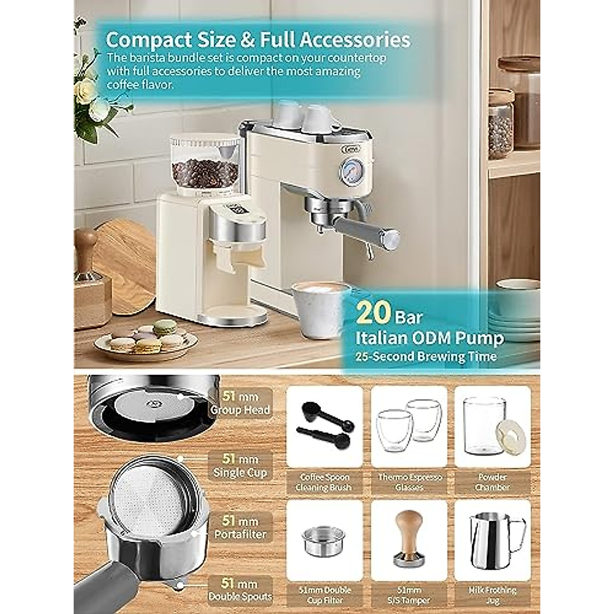 Gevi 20 Bar Professional Espresso Coffee Machine with Milk Frother/Steam Wand for Espresso, Latte and Cappuccino, with 35 Precise Grind Settings Burr Coffee Grinder