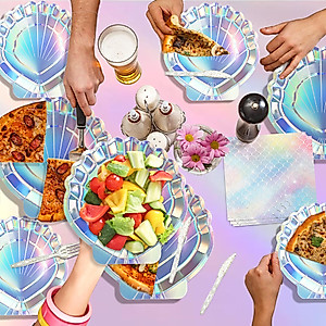 122PCS Mermaid Party Supplies for Girls Baby Shower Birthday Party Under the Sea Little Mermaid Themed Decor Iridescent Shell Plates Napkins Cups Knives Forks Tablecloths Banners Serves 20 Guests