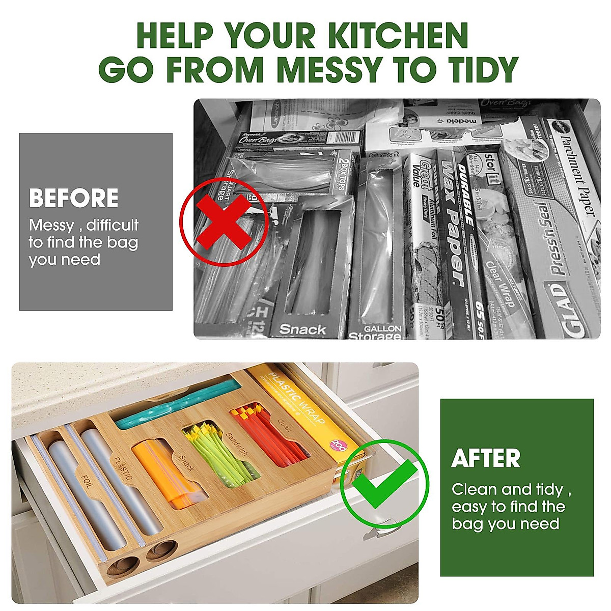 HEROPIE 6 IN1 Bamboo Foil and Plastic Wrap Dispenser with Cutter for Kitchen Drawer, Storage Bag Organizer, Compatible with Gallon, Quart, Sandwich and Snack Variety Size Bags (Bamboo)