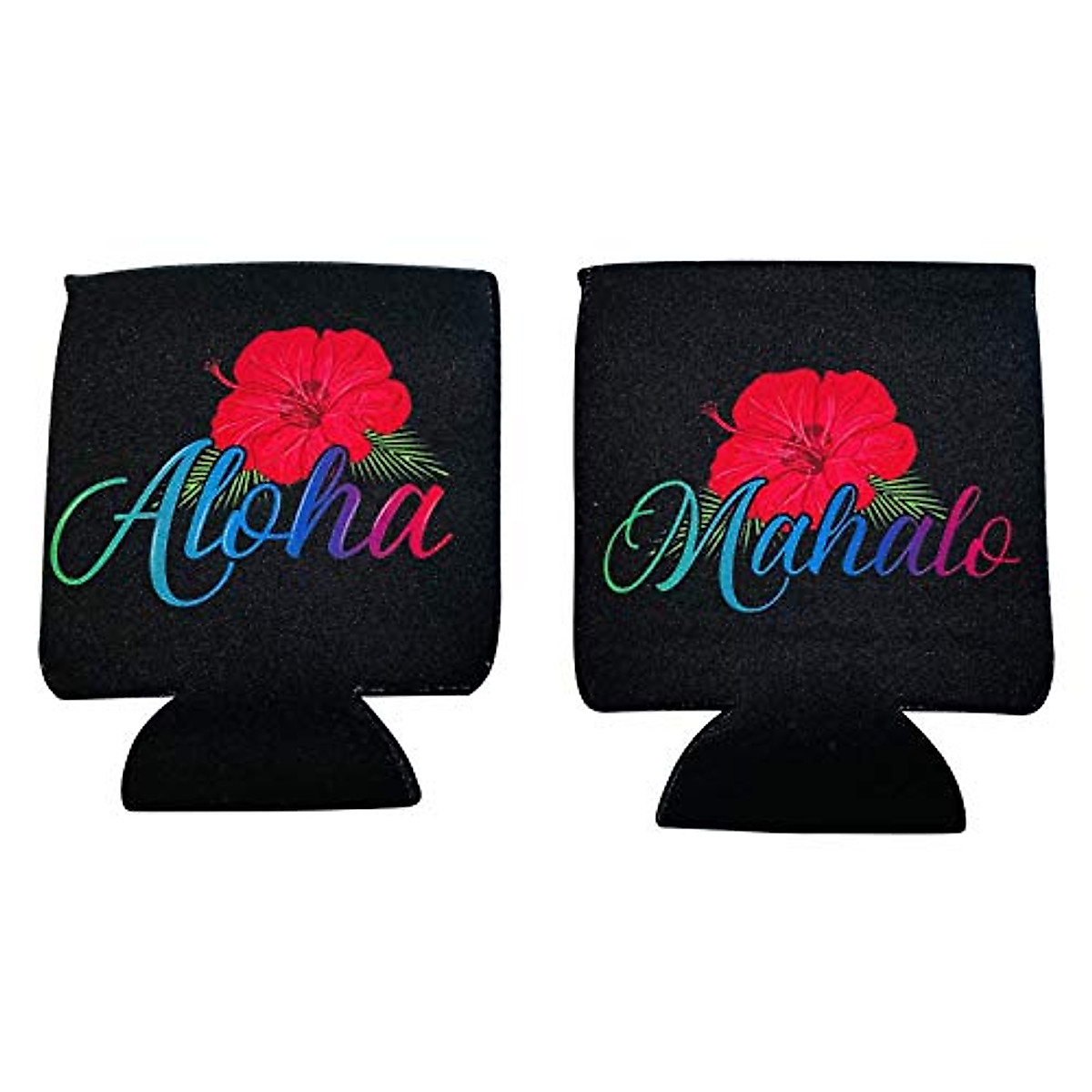 Aloha Hawaii Hibiscus & Mahalo Beer Can Coolers Sleeves (2-Pack) & 1 Aloha Decal - Soft Insulated Beer Can Cooler Sleeves - 5mm Neoprene Collapsible Black Can Sleeves for Soda, Beer & Water Bottles