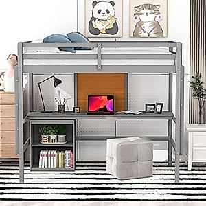 BOVZA Twin Size Loft Bed with Desk and Writing Board, Cabinet, Wood Loft Bed Frame with 2 Built-in Ladder and Guardrails for Kids Teens Girls Boys, Gray