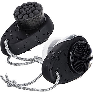 Beomeen Facial Cleansing Brush 2 Pack, 2 in 1 Silicone Face Scrubber for Men Exfoliating Pore Deep Cleansing, Dual Sided Face Wash Brush with Soft Bamboo Charcoal Microfiber and Lid for Women, Black