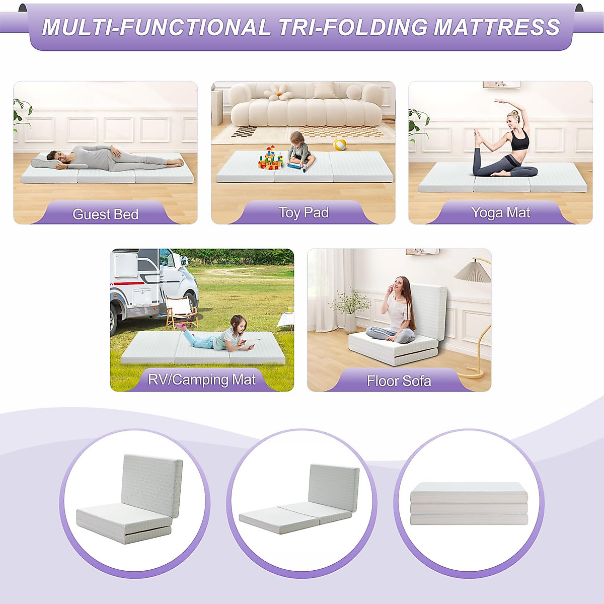 MUUEGM Folding Mattress Twin XL Tri-Fold Gel Memory Foam Mattress Topper with Ultra Soft&Washable Cover 3 Inch Foldable Mattress with Storage Bag for Yoga/RV/Camping,Guest Bed,CertiPUR-US Certified