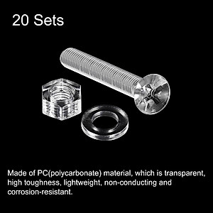 uxcell M5 x 40mm Plastic Phillips Machine Screws with Nuts and Flat Washers, PC Flat Head Machine Bolts Transparent 20 Sets