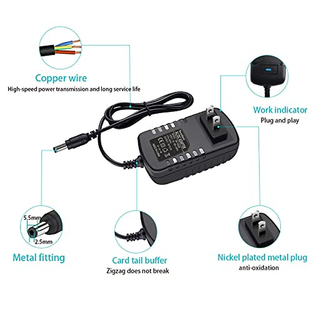 Snsnlent 9 Volt 2A Power Adapter Supply 9V 2A 18 Watt LED Power Supply Transformer 2.5 X 5.5mm Plug Wall Adapter(Polarity: Inner + and Outer -)