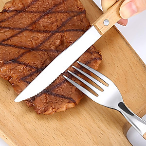 Lnrkai Cutlery Sets of 6, Dinner Spoons, Knife and Fork Set, Stainless Steel with Wooden Wide Handles, Flatware Set Tableware Dinnerware, Service for 2 Adult