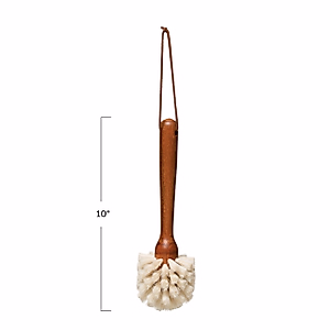 Creative Co-Op Beech Wood Dish Brush w Leather Strap, Dark Brown