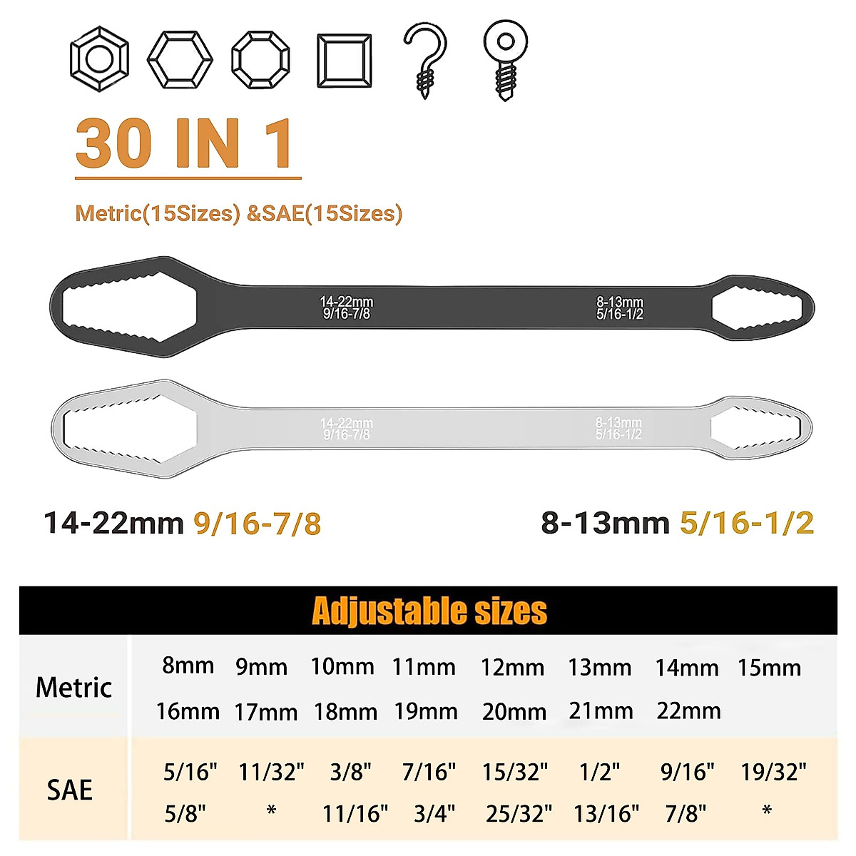 MOTEERLLU 8-22mm Universal Torx Wrench Set, Double-ended Self-tightening Adjustable Wrench Tools (2 PCS)