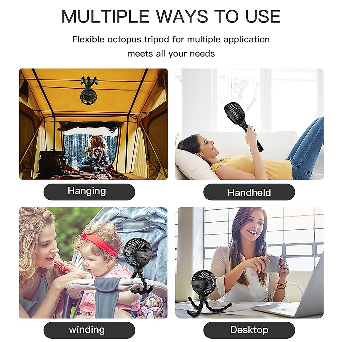 AGWIM Baby Fan for Stroller, Battery Operated Handheld Fan, Rechargeable Desk Fan with 3 Speeds & Led Light & Aromatherapy, Flexible Tripod Clip On Fan for Car Seat Crib Bike Treadmill (Black)