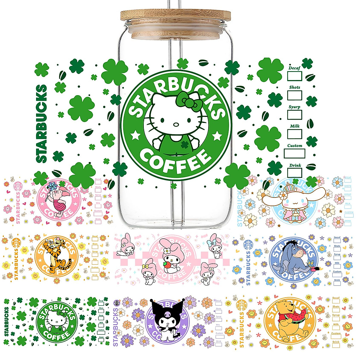 UV DTF Cup Wrap Transfer Stickers for Glass, 8 Sheet Halloween Cartoon Rub on Transfers for Crafting, UV DTF Transfer Waterproof Sticker for Glass Cups Furniture Craft Wood DIY Crafts (Cartoon)