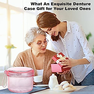 Denture Case, Leak Proof Denture Bath Cup for Travel, Denture Container Cups for Soaking Full & Partial Dentures, Retainers, Denture Cleaning Kit Holder Box with Denture Cleaner Brush-Transparent Pink