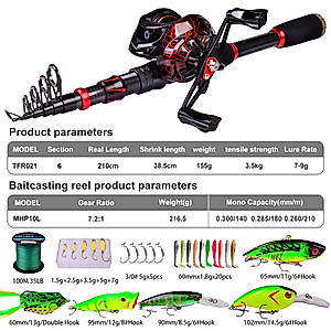 Fishing Rod and Reel Combo, 6.9ft Telescopic Spincast Rod with Left Handed Baitcasting Reel Combos, Sea Saltwater Freshwater Ice Bass Fishing Tackle Set Fishing Rods Kit