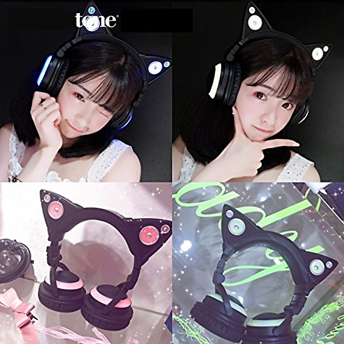 Axent Wear New Edition Wireless Cat Ear Headphones (12 Color Changing) 3.5mm Jack, Bluetooth&Wired Connection (Black)