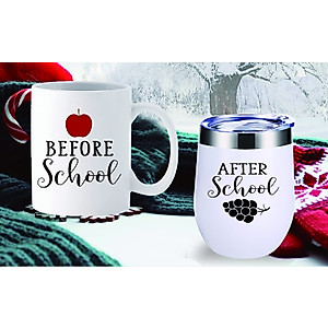 momocici Before School After School 11 oz Coffee Mug & 12 oz Wine Tumbler Set Gifts for Teachers.Teacher Gifts,New Teacher,Teacher Appreciation,Birthday,Thank You Gifts for Teachers(White)